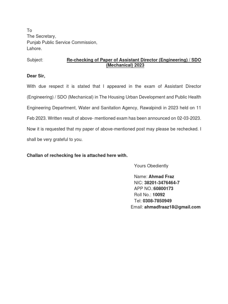 Application For Paper Rechecking Pdf