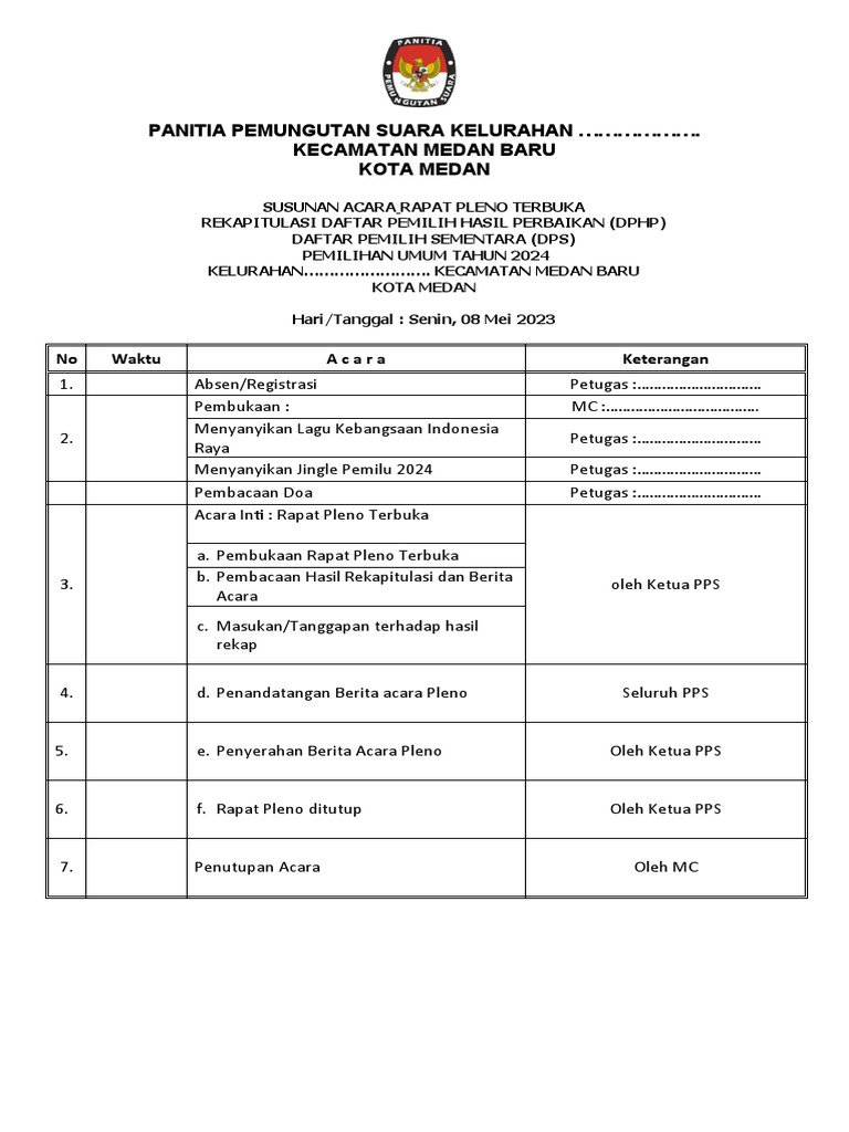 Rundown Acara Rapat Pleno DPHP DPS | PDF