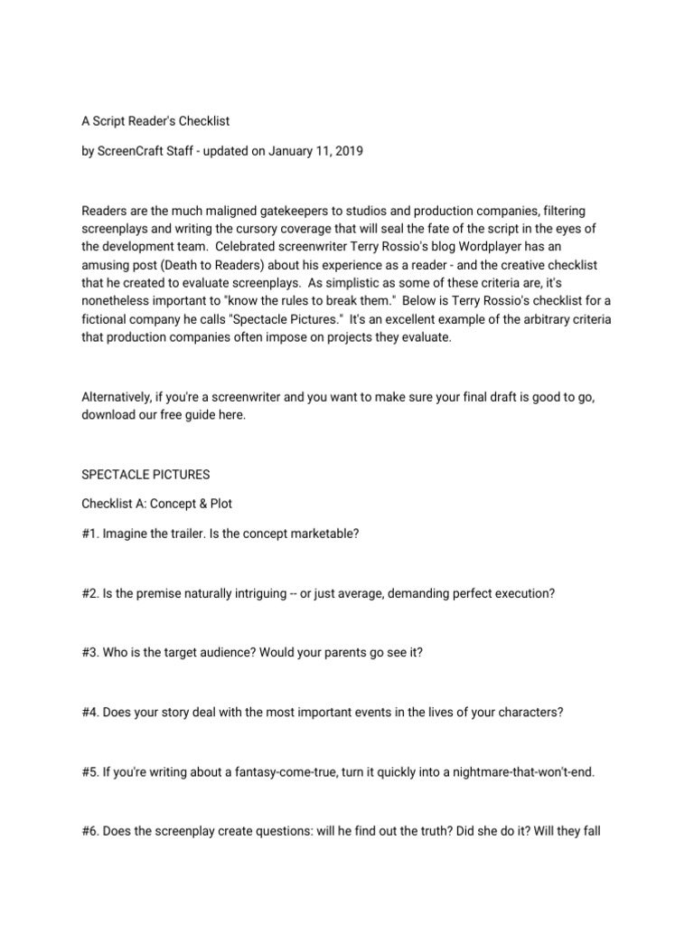 Screenplay Evaluation Checklist | PDF