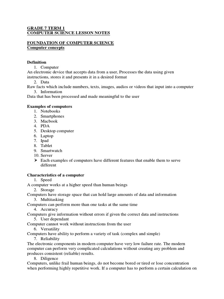 Grade 7 Term 1 Computer Science Notes | PDF | Computer Hardware ...