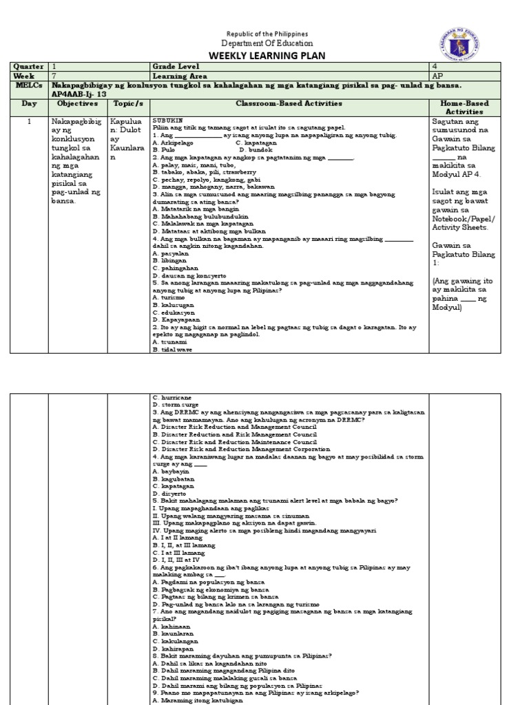 Weekly Learning Plan: Department of Education | PDF