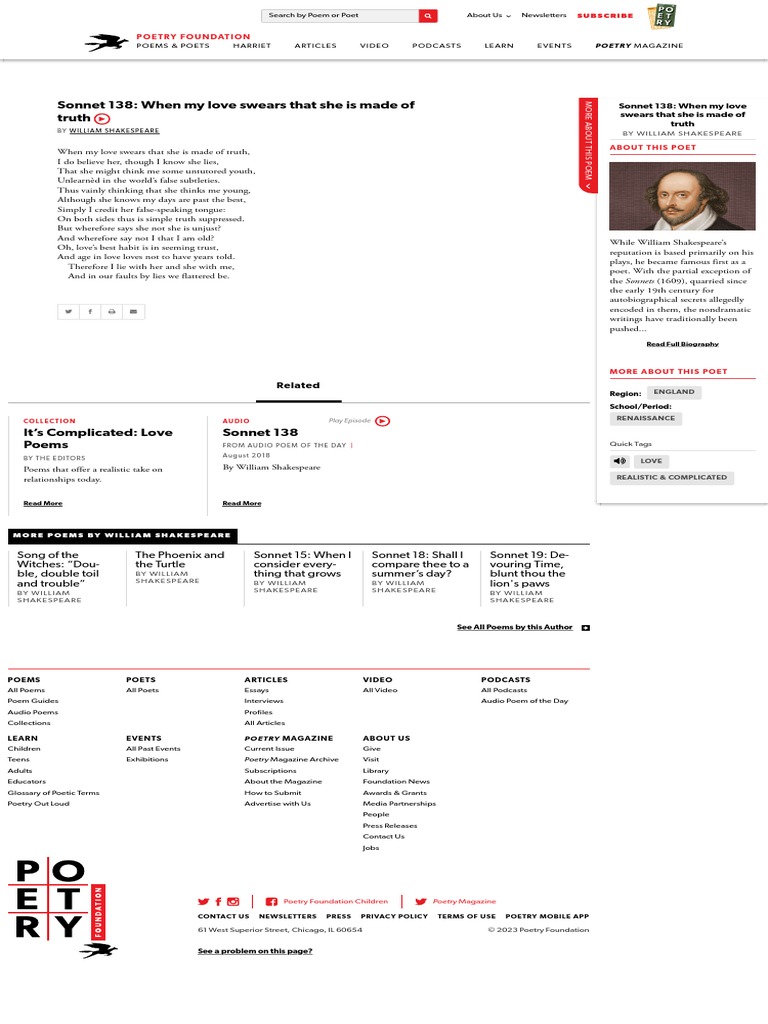 Sonnet 138 When My Love Swears That She Is Made Poetry Foundation | PDF