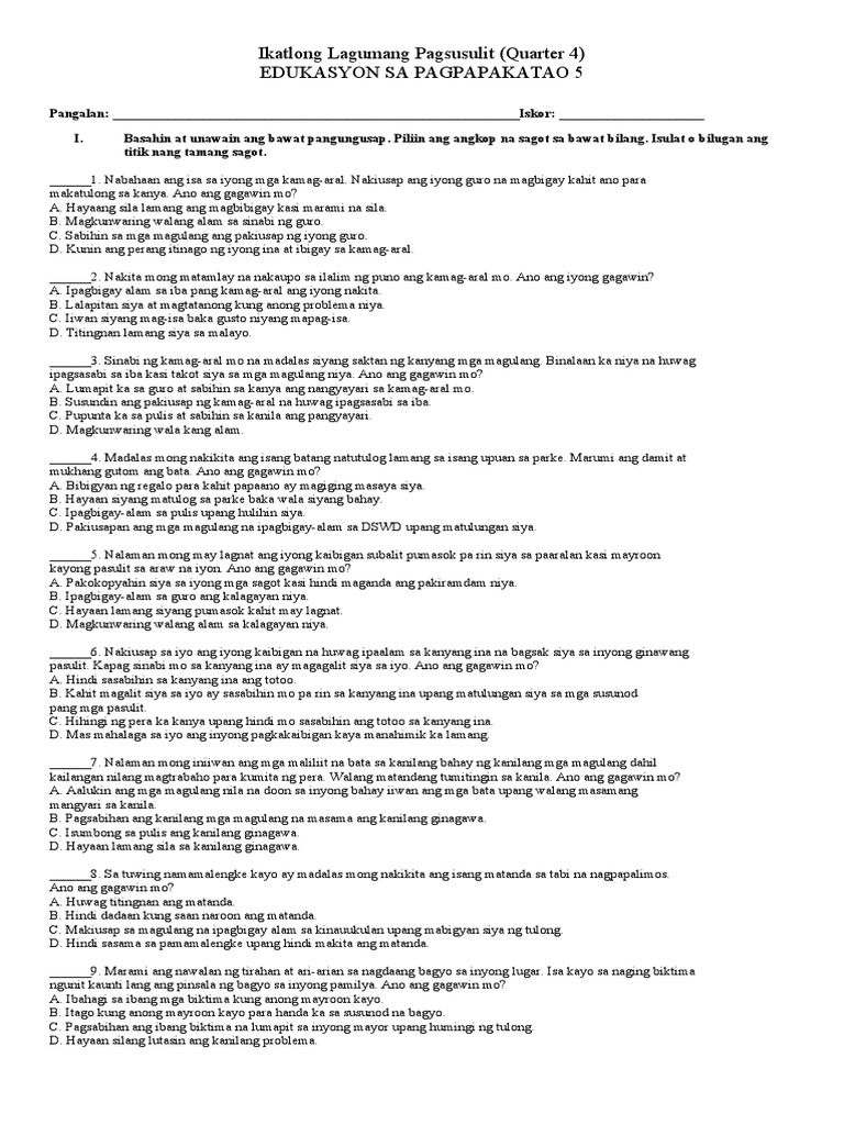 ESP-4th Quarter Test 3 | PDF