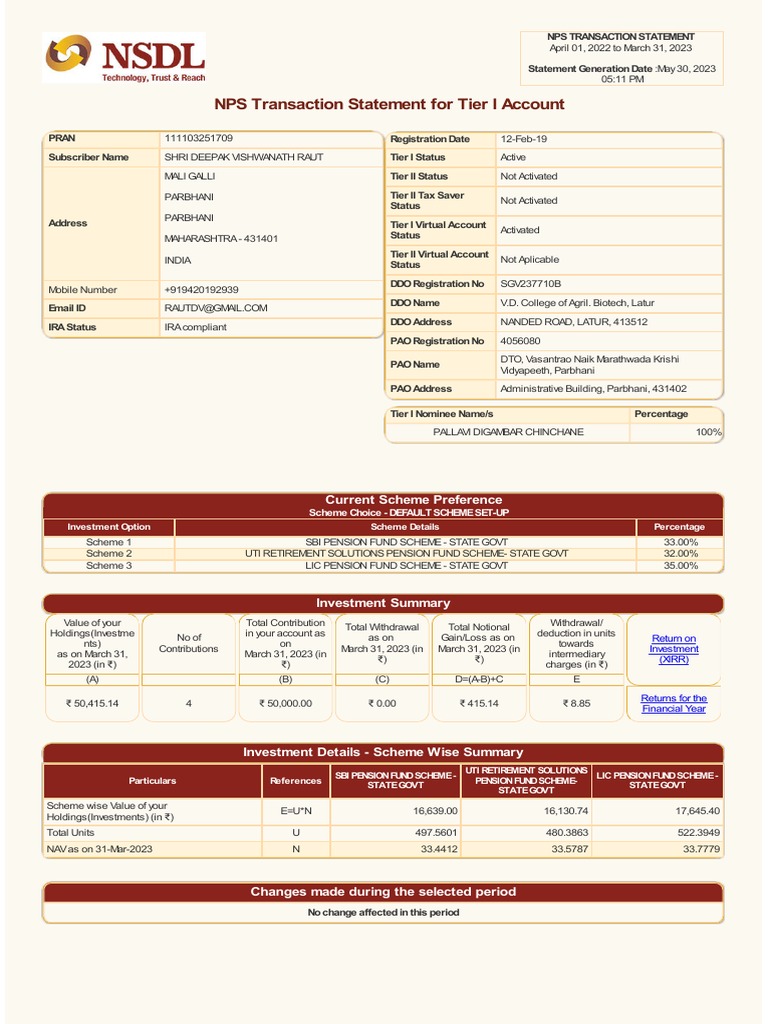 NPS Transaction Statement For Tier I Account: Current Scheme Preference ...