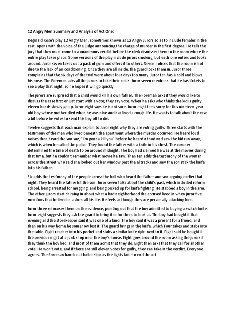 Twelve Angry Men Act 1 Summary Ans Analysis Handouts | PDF | Public Law ...