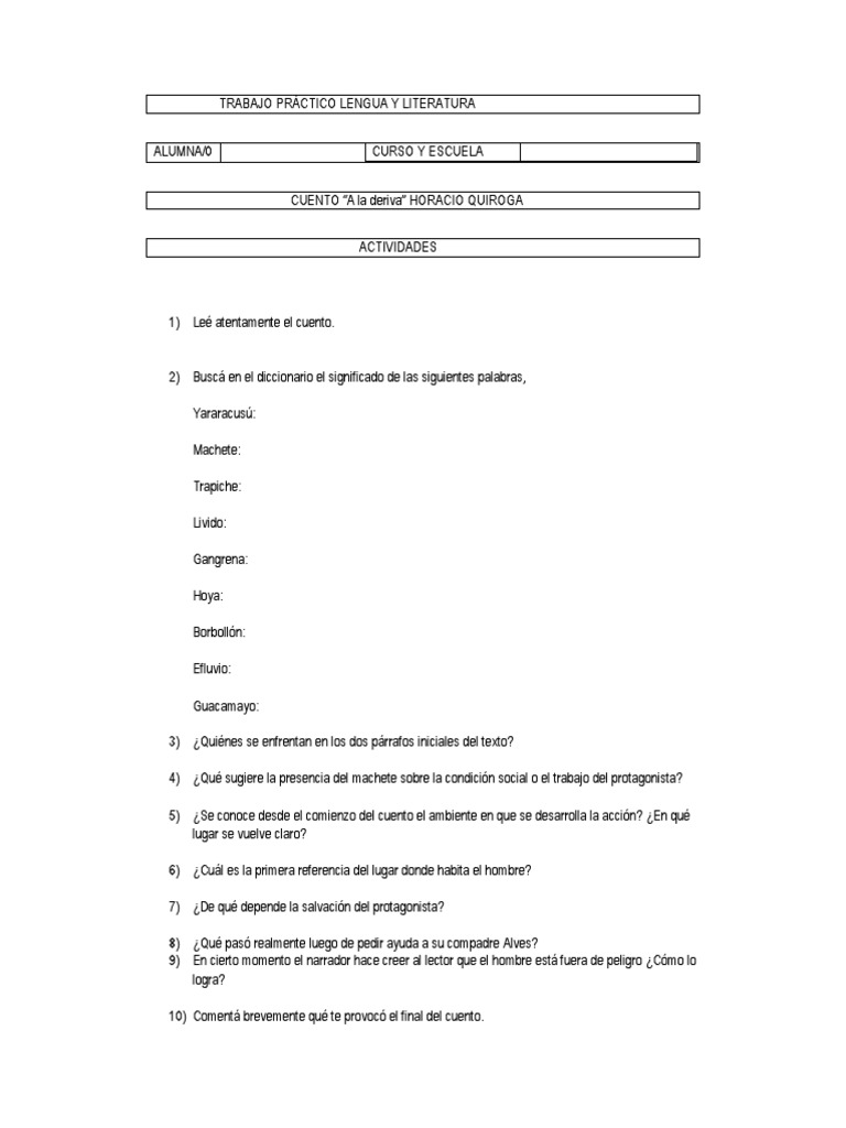 TRABAJO PRÁCTICO Sobre "A La Deriva" (Horacio Quiroga) | PDF