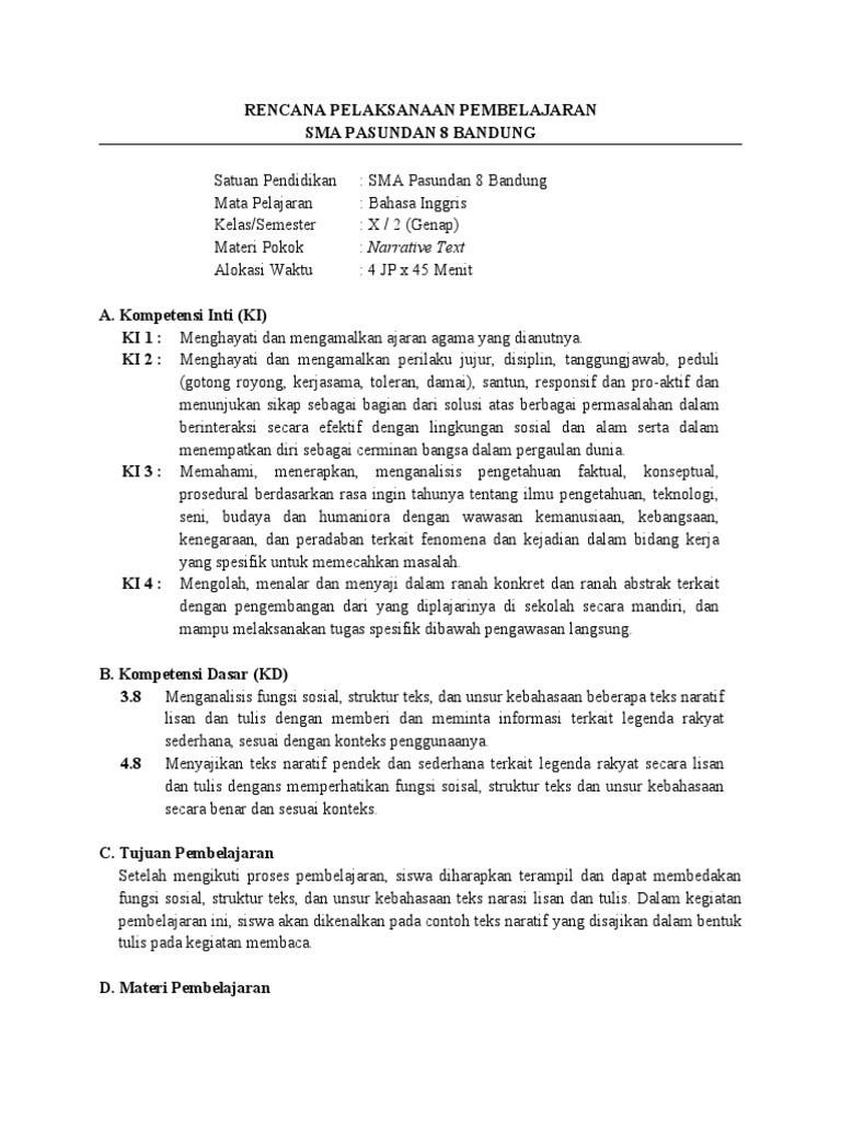 RPP Narrative Text - Kelas X | PDF