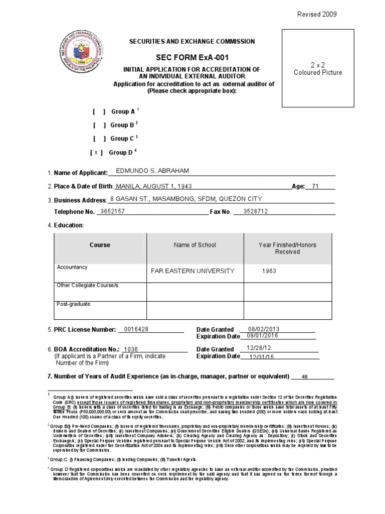 2009-SEC Form ExA-001-initia External Auditorl | PDF | Securities (Finance) | Economies