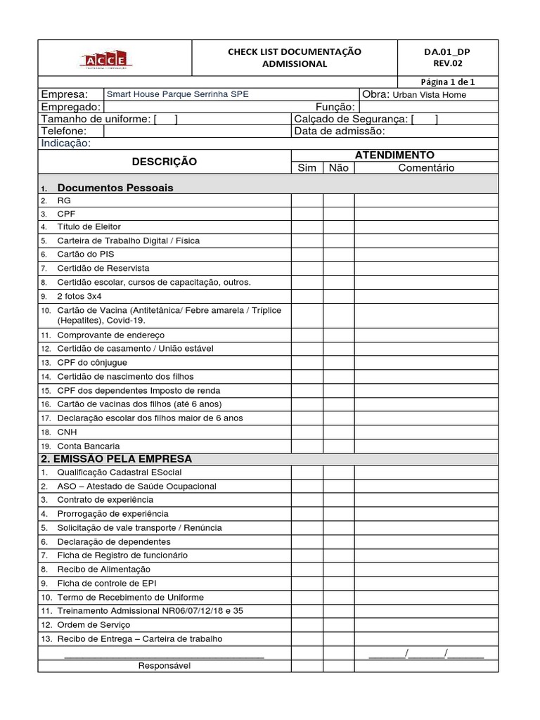 DA.01 - DP - Check List Admissional RV 02 | PDF