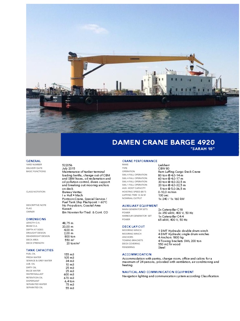 Product Sheet Crane Barge 4920 | PDF | Crane (Machine) | Shipping
