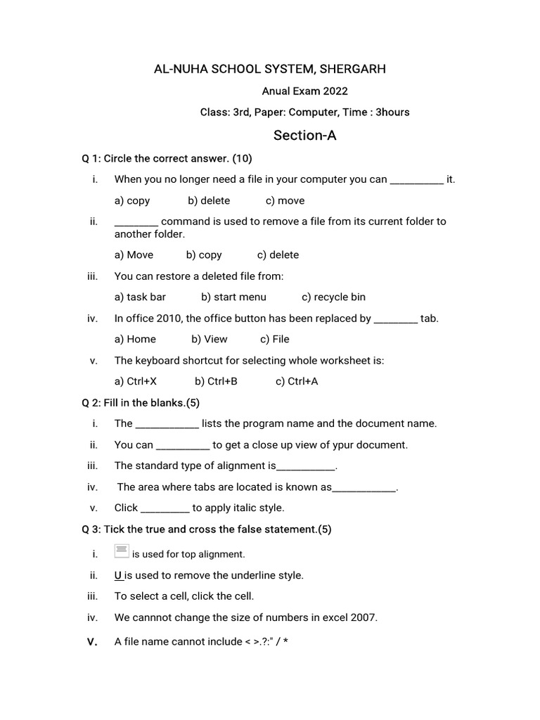Sample Computer Paper For Grade 3 | PDF