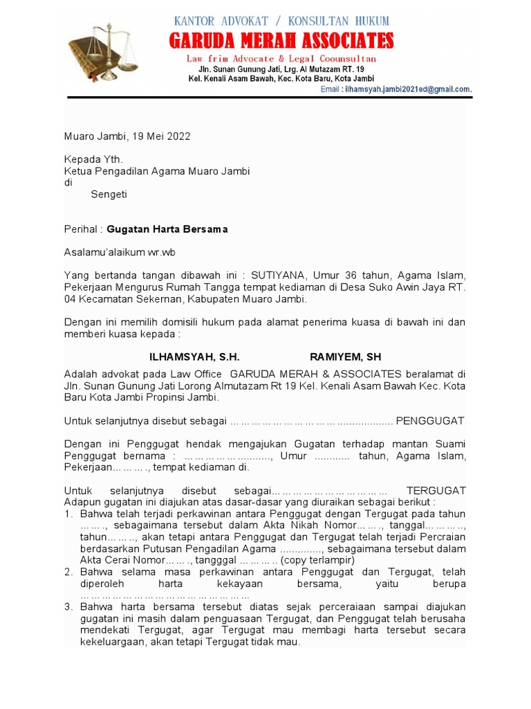 Contoh Surat Gugatan Harta Bersama | PDF