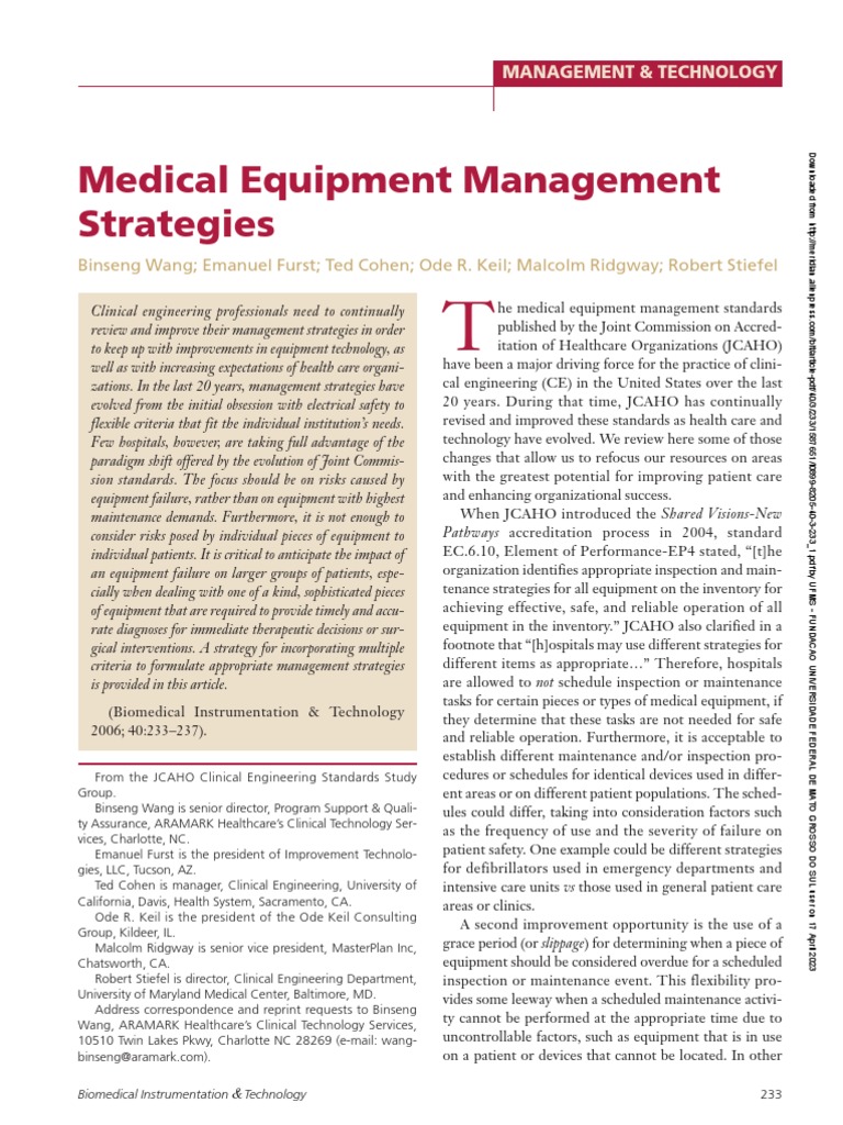 Medical Equipment Management - Binseng Wang | PDF | Joint Commission ...