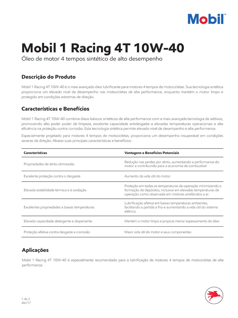 PDS - Mobil 1 Racing 4T 10W-40 | PDF | Óleo de motor | Motores