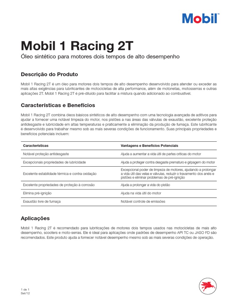 PDS - Mobil 1 Racing 2T | PDF | Óleo de motor | Motores
