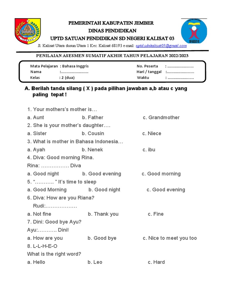 Soal Bhsa Inggris Kls 2 | PDF