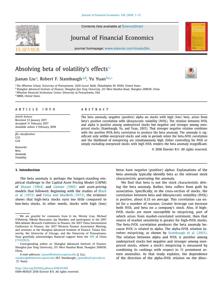 Absolving Beta of Volatility's Effects (JFE 2018) | PDF | Beta (Finance ...