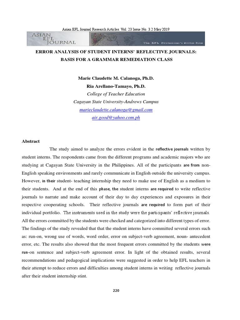 Error Analysis of Student Interns' Reflective Journals: Basis For A ...