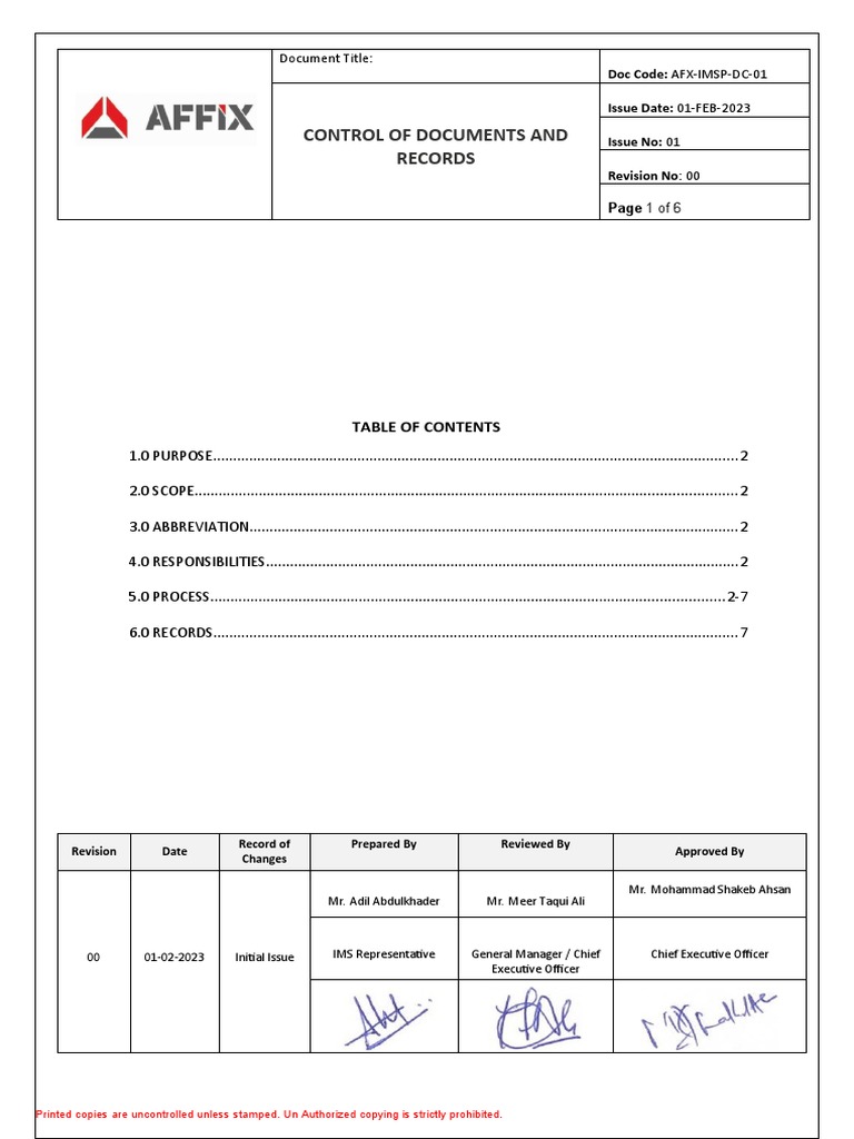 Procedure 01 - Control of Documents and Records | PDF | Information ...