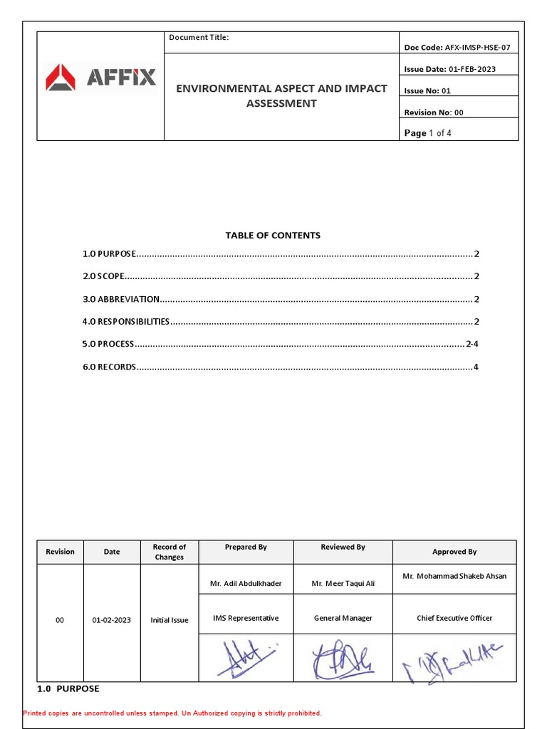 Procedure 07 - Environmental Aspect and Impact Assessment | PDF ...