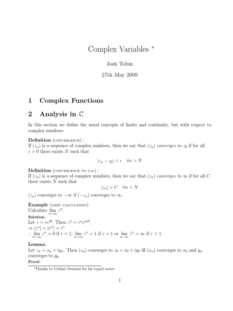 Complex Variables: 1 Complex Functions 2 Analysis in C | PDF | Continuous Function | Series ...