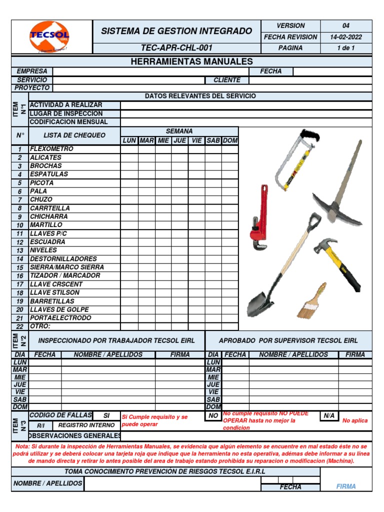 Check List Herramientas | PDF