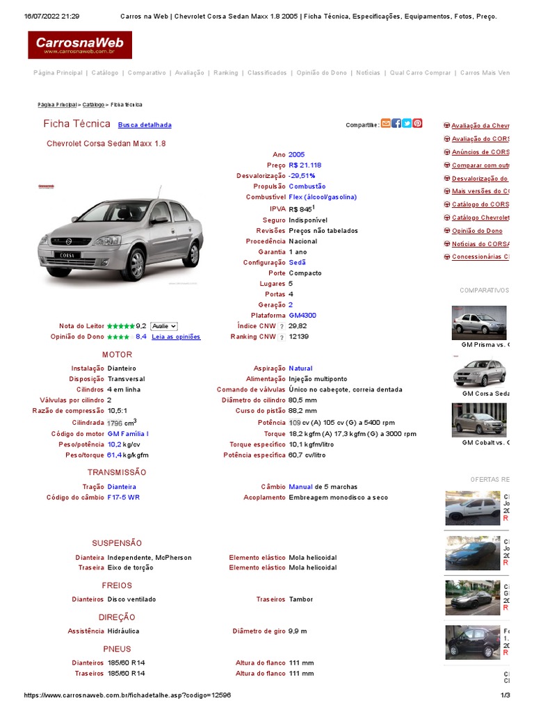 Ficha Técnica Chevrolet Corsa Sedan Maxx 1.8 2005 | PDF | Motores ...