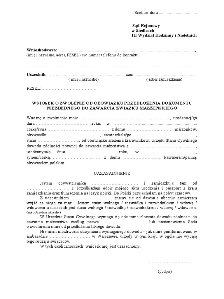 Wniosek o Zwolnienie Od Obowiazku Przedlozenia Dokumentu Niezbednego Do Zawarcia Zwiazku ...