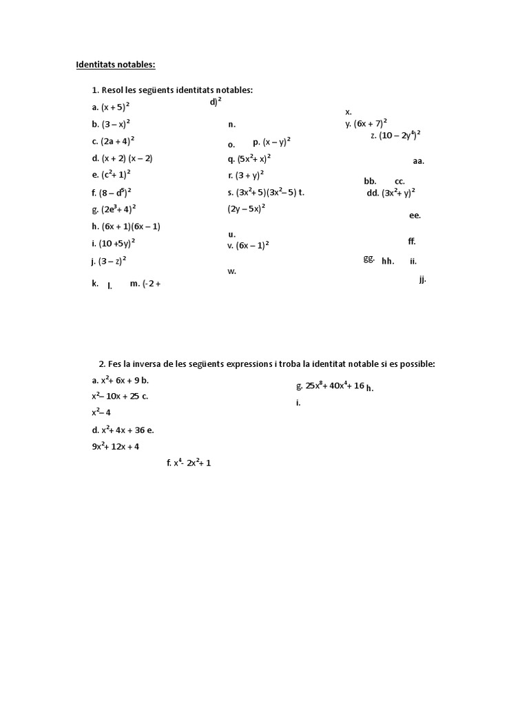 2eso - Mates - Algebra - Identitats Notables | PDF