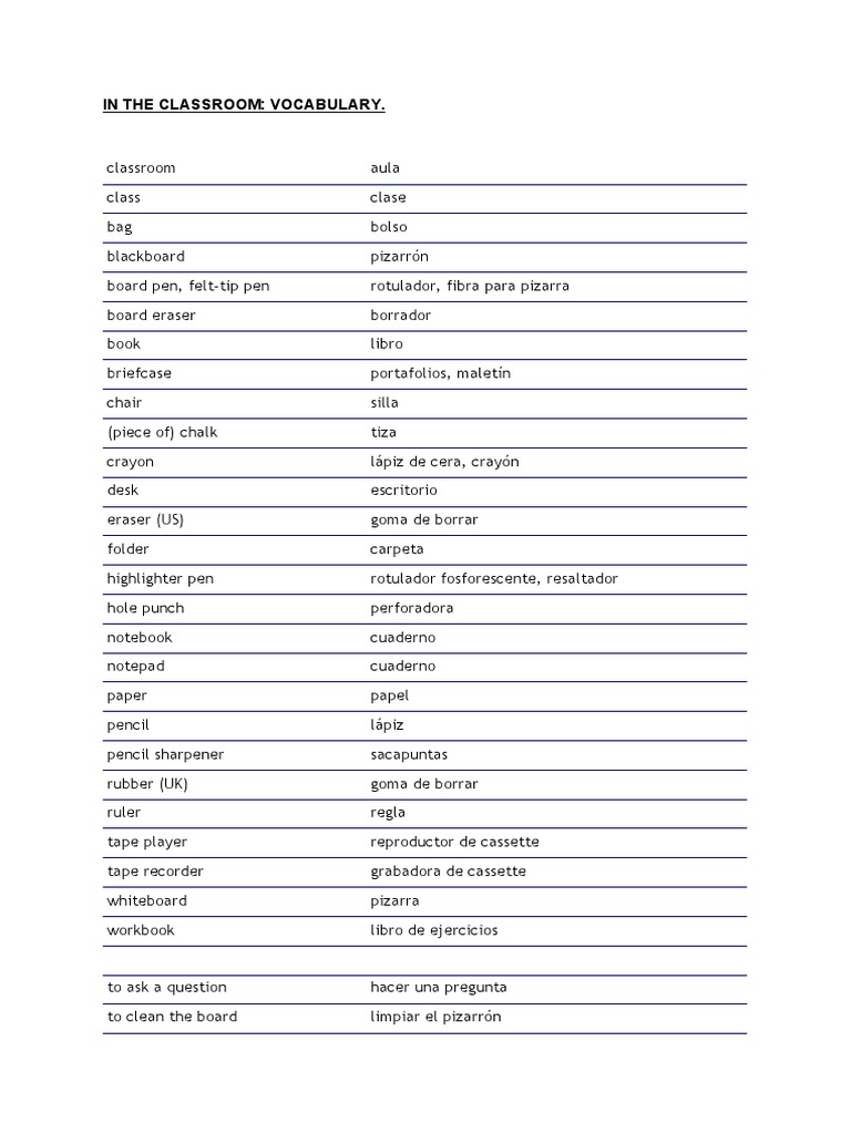 In The Classroom - Vocabulary | PDF