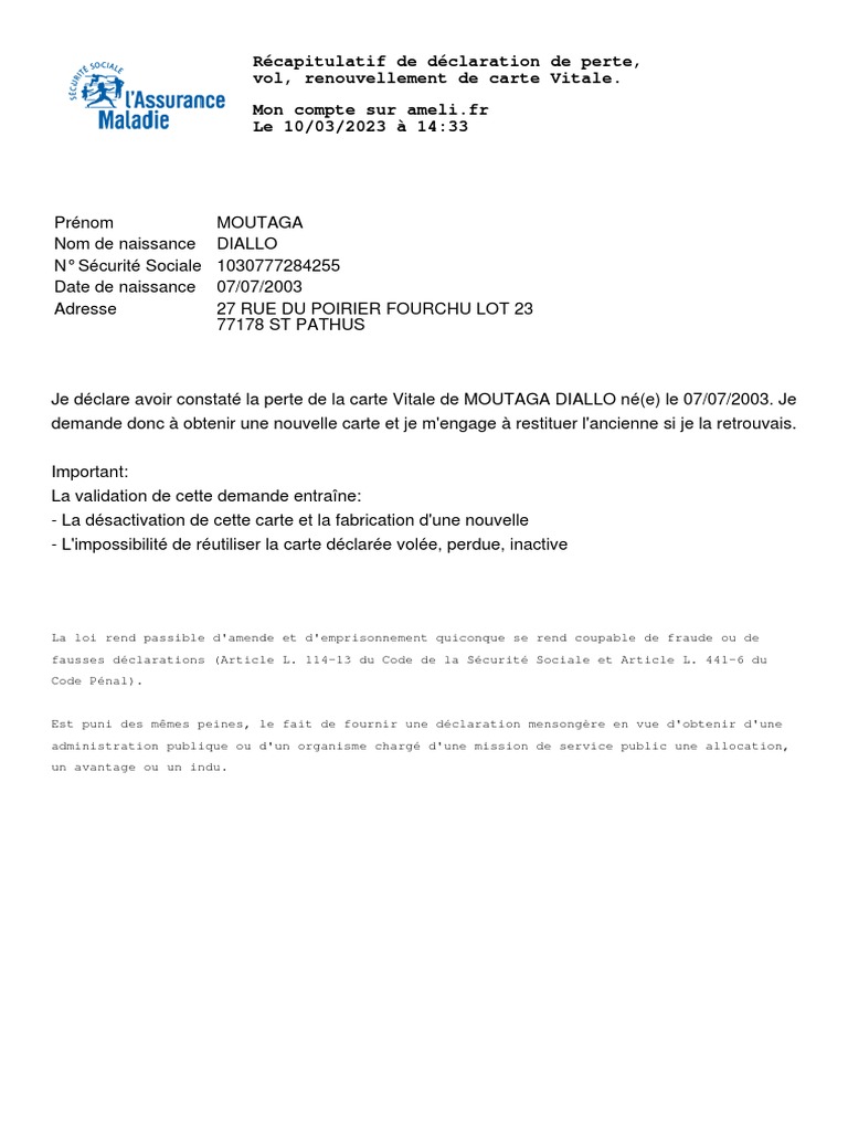 Declaration Perte Carte | PDF