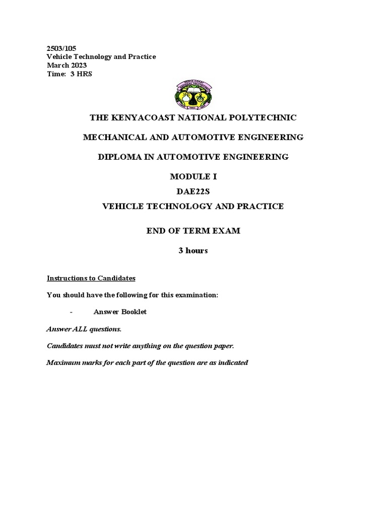 Vehicle Technology Exam Questions | PDF | Manual Transmission | Motor ...