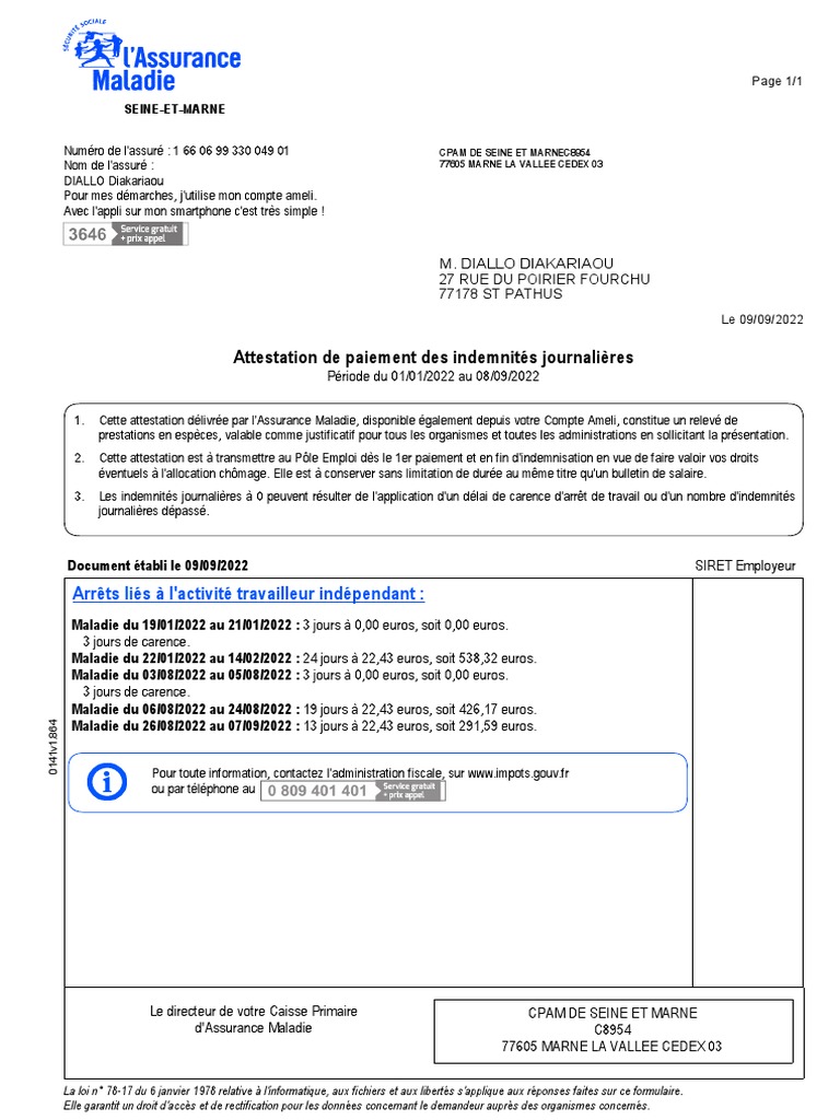 Attestation Indemnites Journalieres | PDF