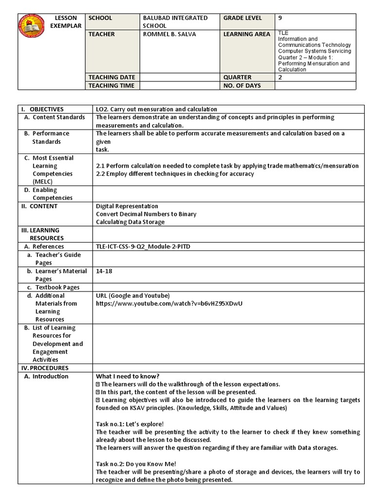 Lesson Exemplar Template Tle Ict9 | PDF | Learning | Measurement