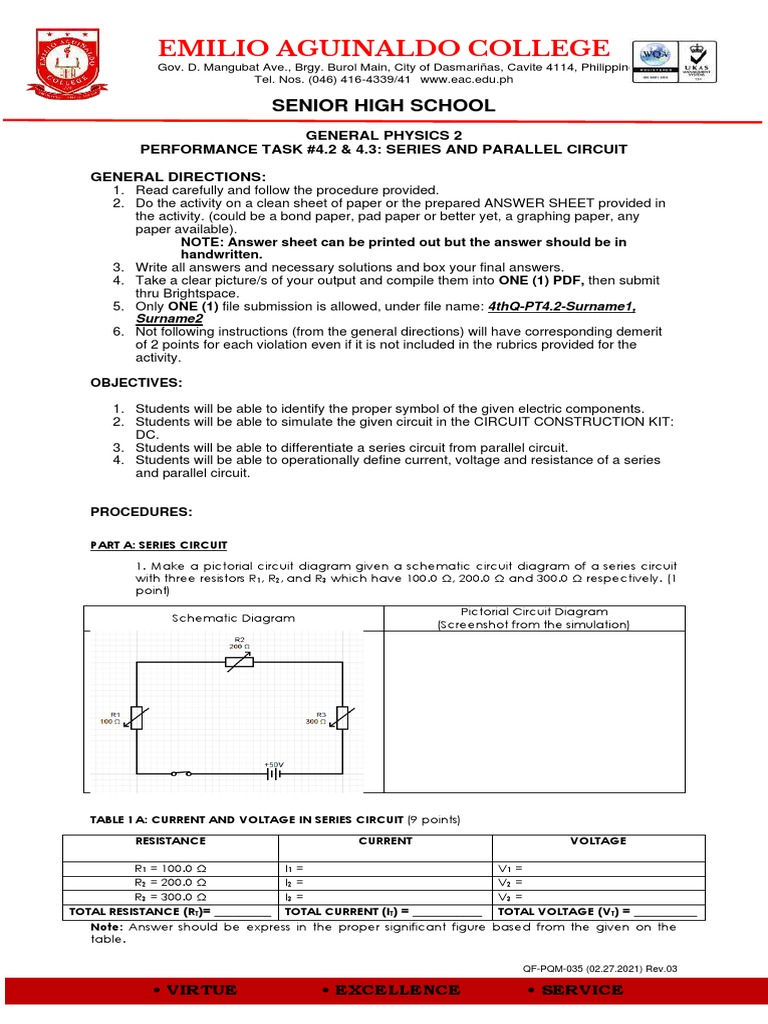 PT4.2 & 4.3 Series and Parallel Circuit Answer Sheet | PDF