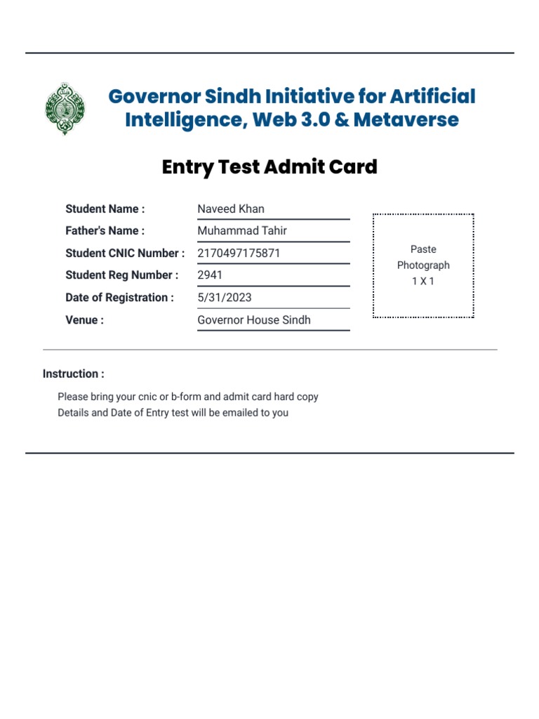 Governor Sindh AI Initiative Admit Card | PDF