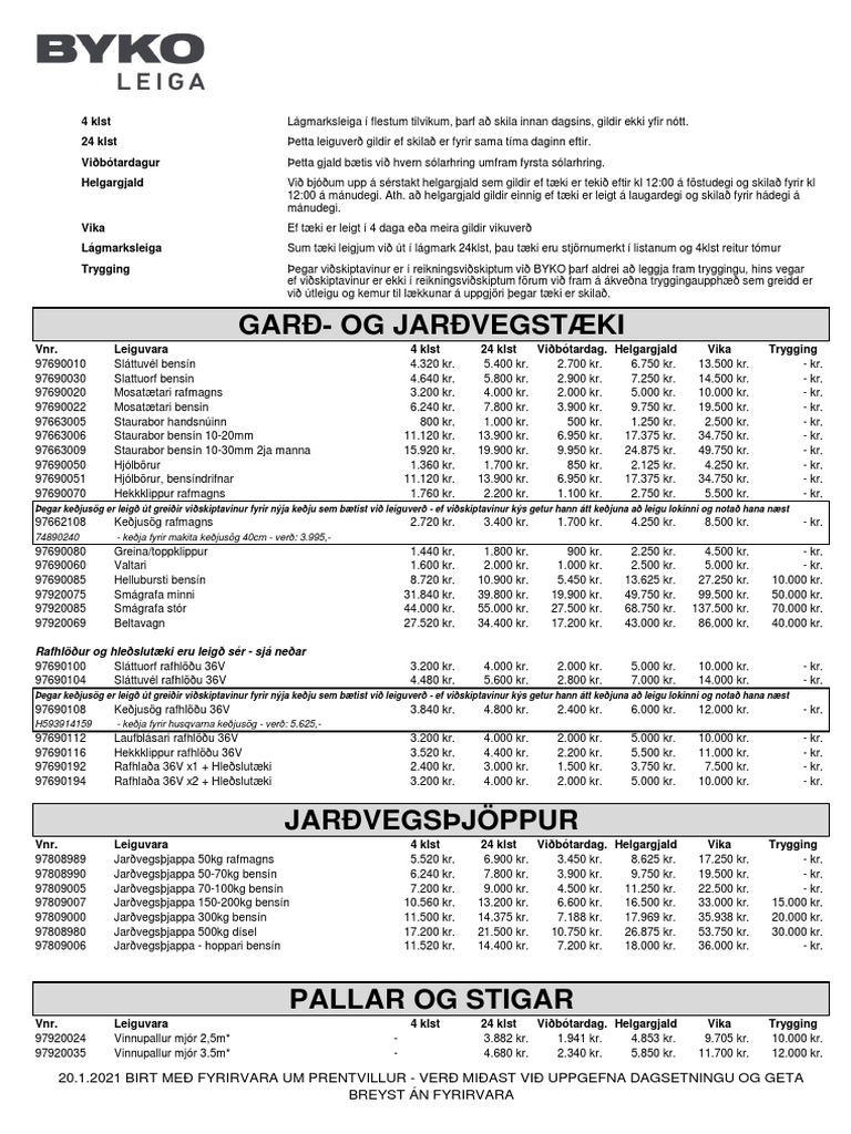 Verðlisti BYKO Leiga 2020.11 | PDF