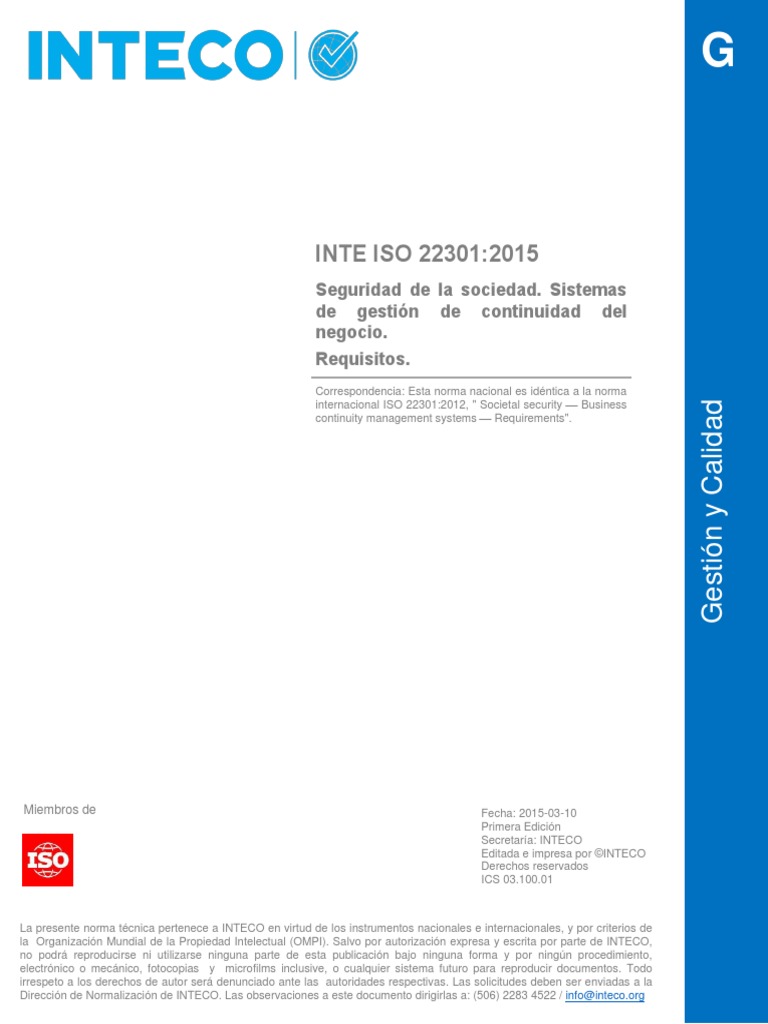 Norma INTE ISO 22301:2015: Gestión de Continuidad del Negocio | PDF | Continuidad del negocio ...
