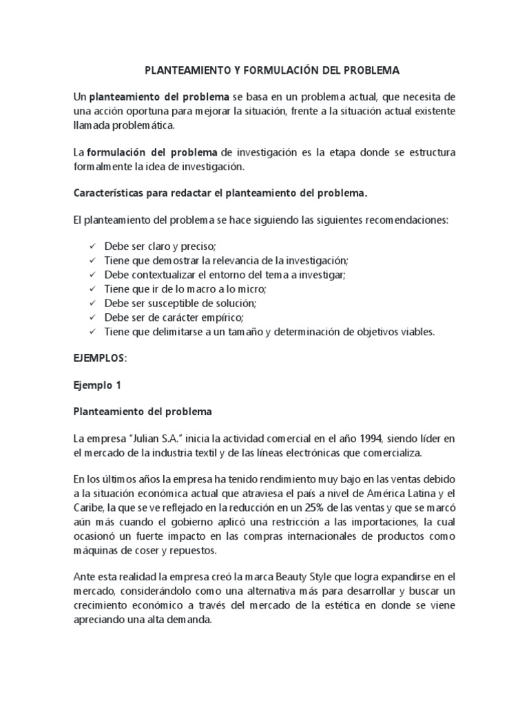 Ejemplos De Planteamiento Y Formulación Del Problema Pdf Diseño