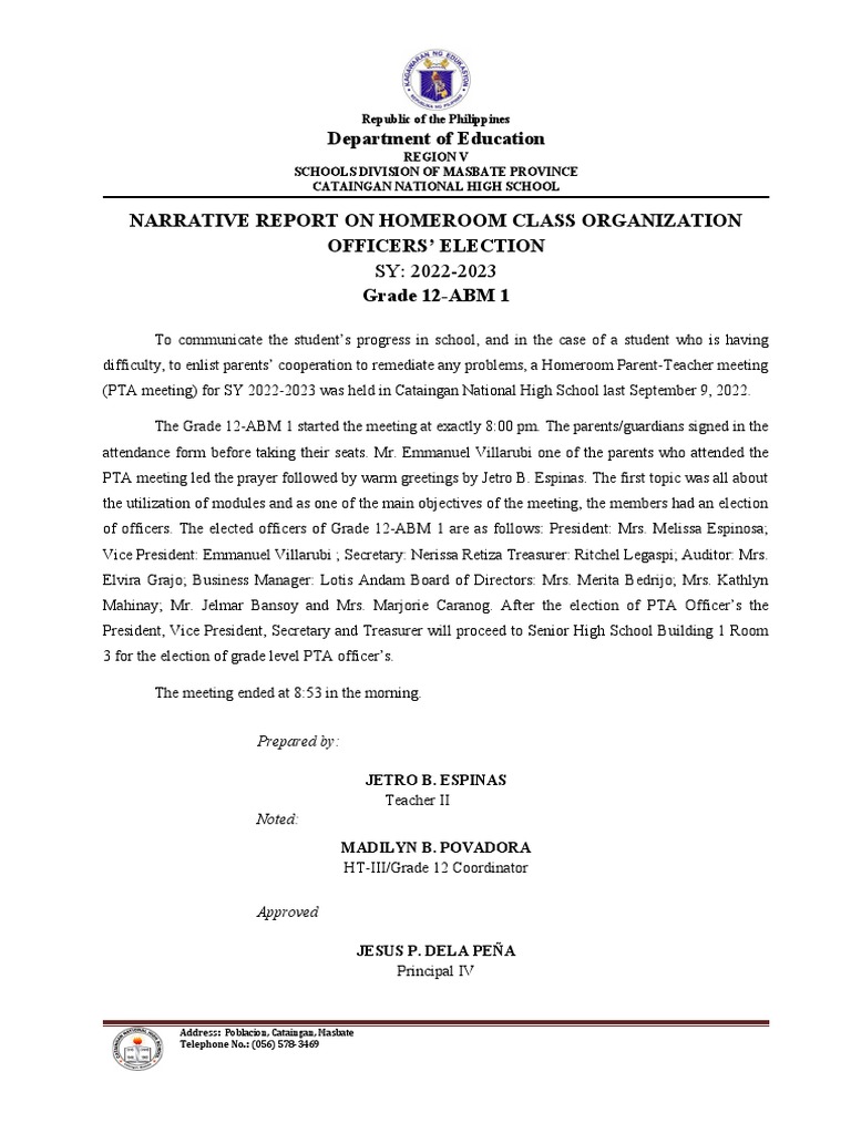 Abm 1 Meeting's Narrative Report | PDF | Educational Organizations