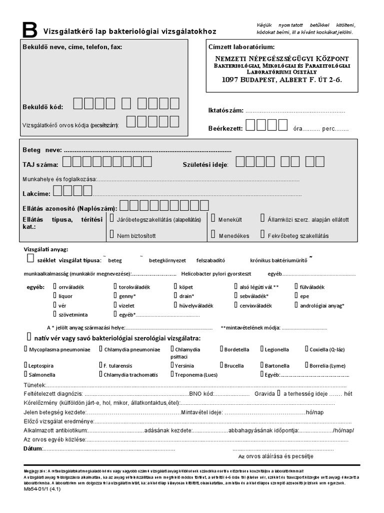 Bakteriológiai Vizsgálatokhoz - Vizsgálatkérő Lap | PDF