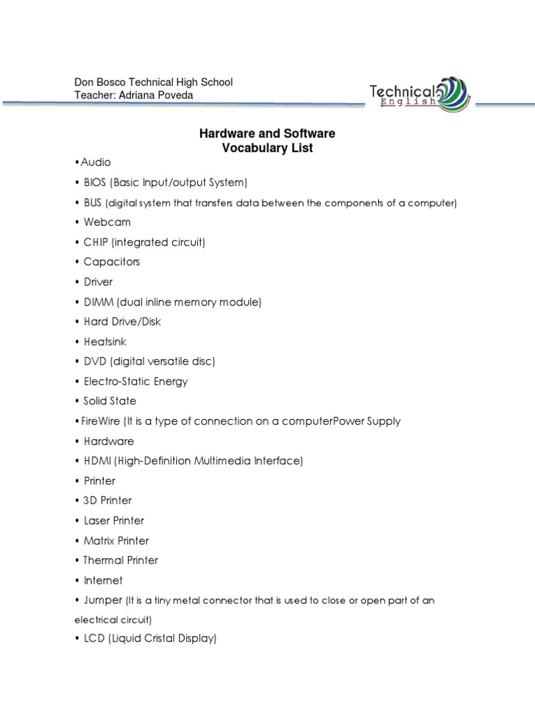 Hardware and Software Vocabulary | PDF
