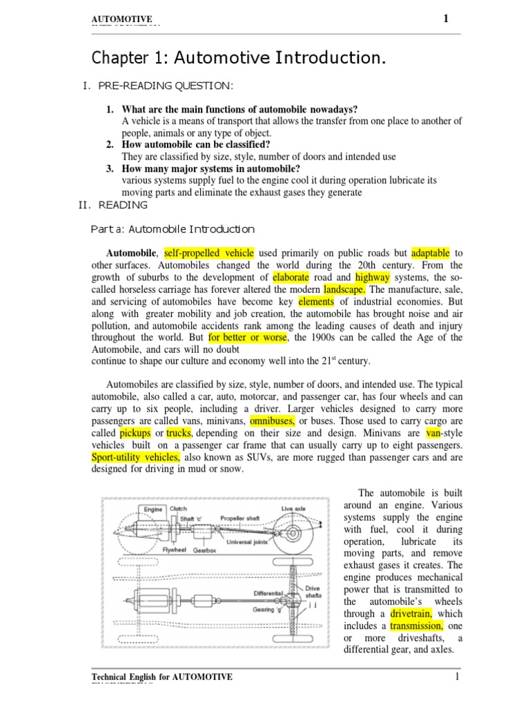 ROMEROTechnical English For Automotive Engineering Chapter 1 Automotive Introduction | PDF
