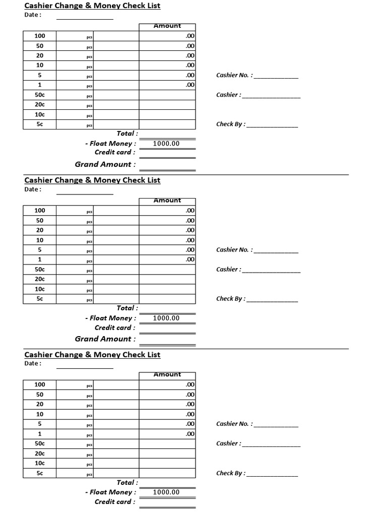Daily Cashier Money Check List - Change Cashier | PDF
