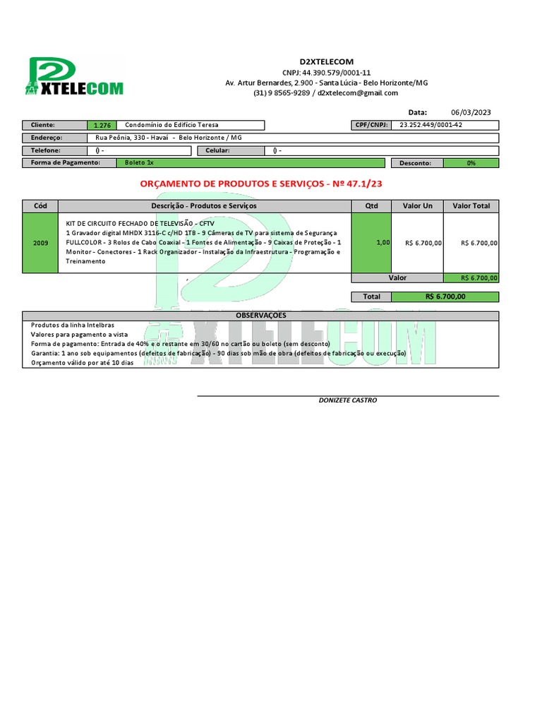 Orçamento n.° 47.1.2023 - Cond. do Edifício Teresa - CFTV | PDF