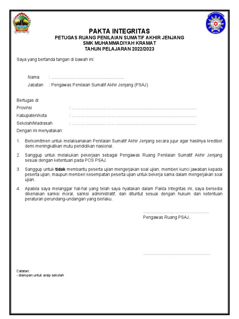 Pakta - Integritas - Psaj 2022-2023 | PDF