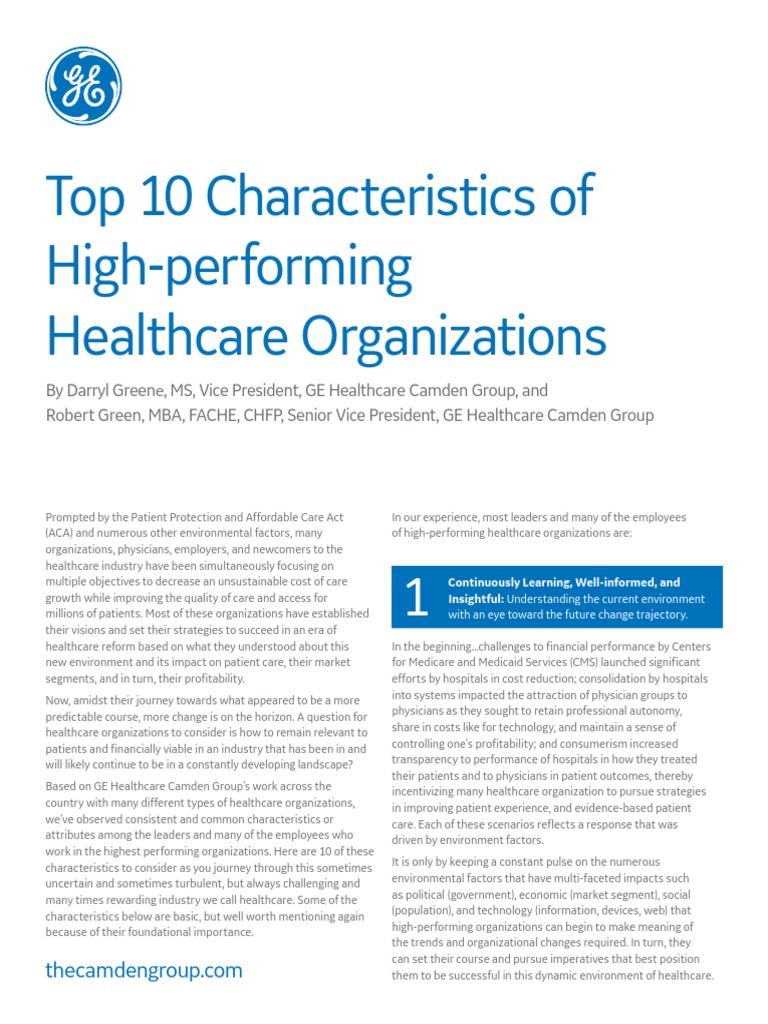 Top 10 Characteristics of High Performing Healthcare Organizations-1 | PDF