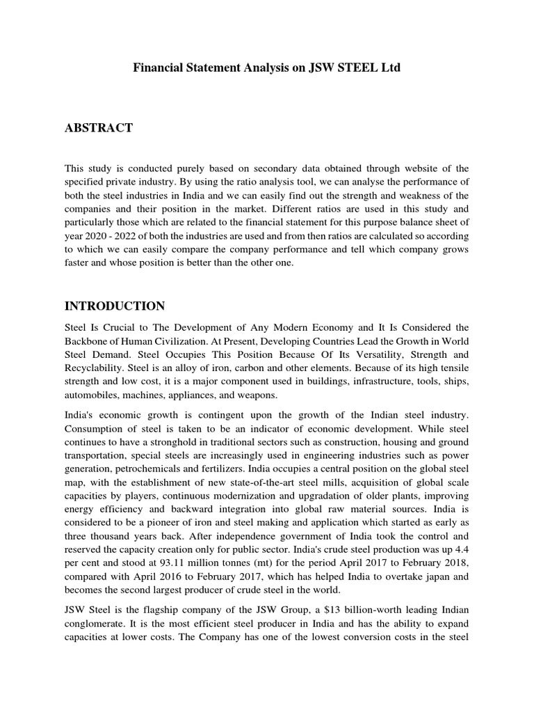 Financial Statement Analysis On JSW STEEL LTD | PDF | Valuation ...