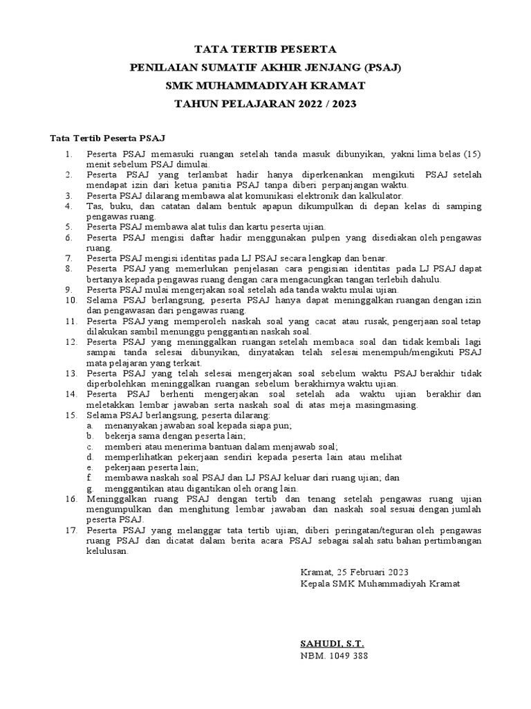 Tata Tertib Peserta Psaj 2022-2023 | PDF