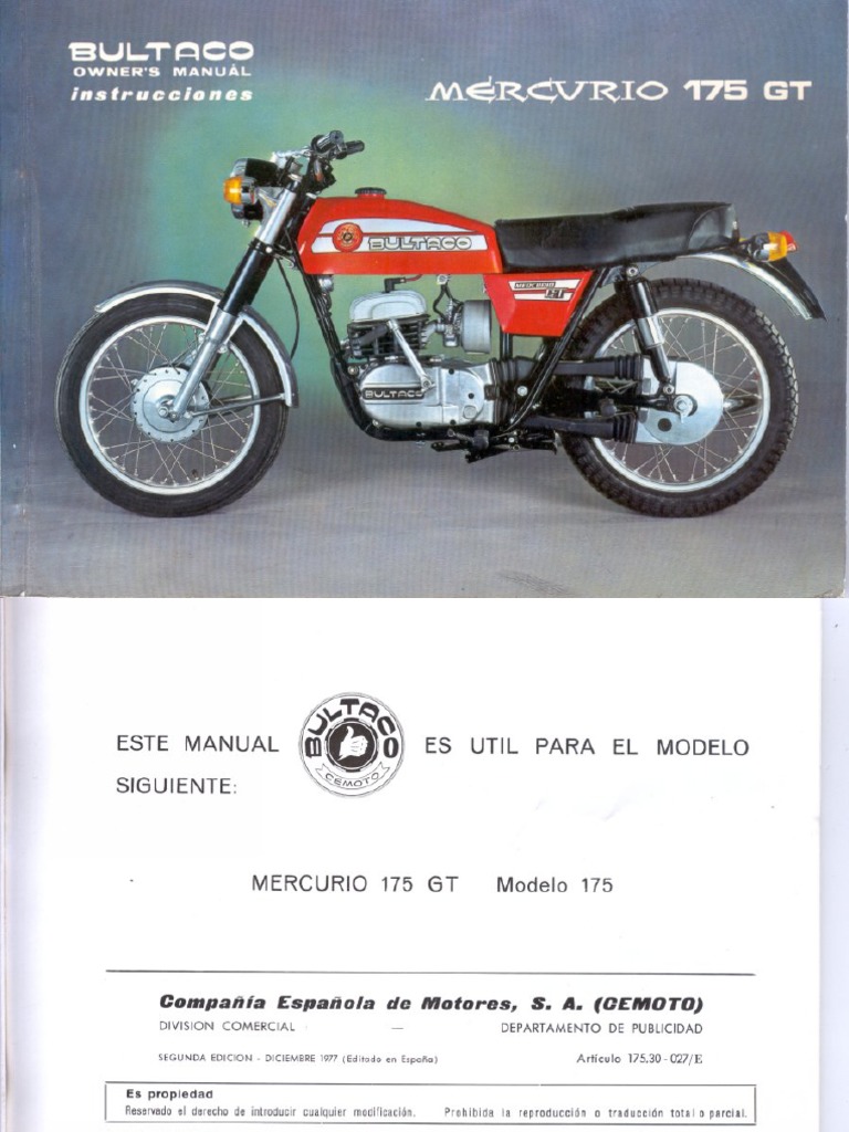 Bultaco Mercurio 175 GT Manual Instrucciones 1158 | PDF